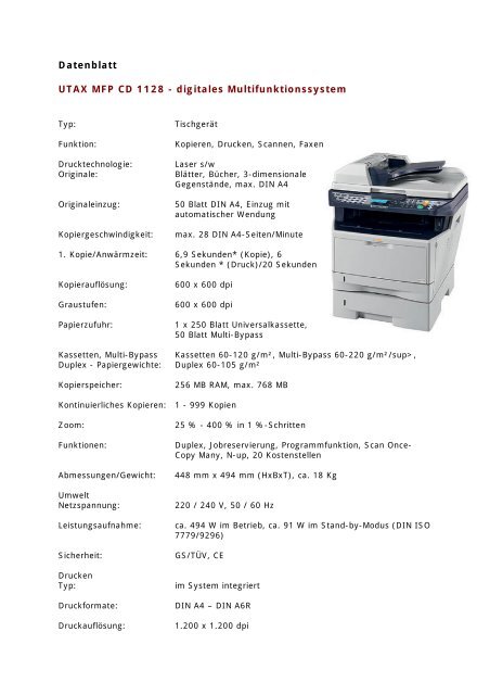 Datenblatt UTAX MFP CD 1128 - digitales Multifunktionssystem