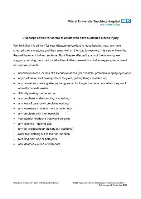 Suggested written discharge advice card for carers of adults who ...