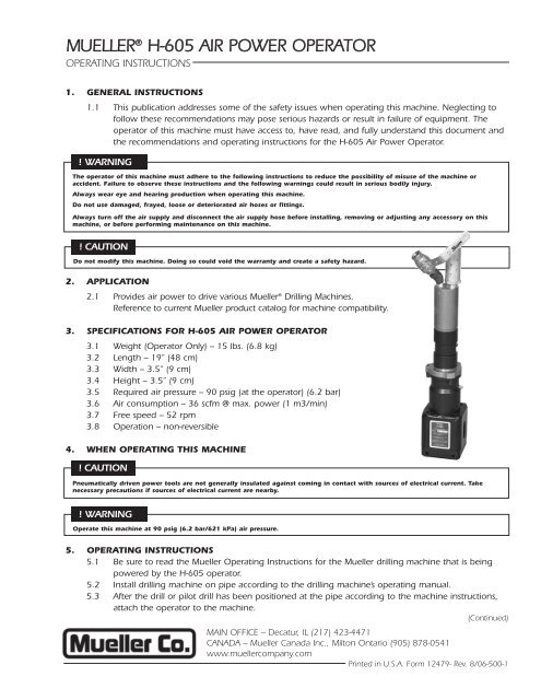 MUELLERÂ® H-605 AIR POWER OPERATOR - Mueller Co.