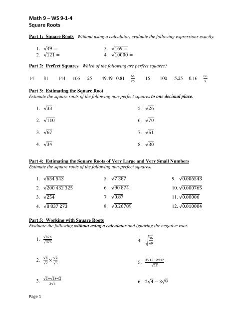 Math 9 â WS 9-1-4 Square Roots - AbbyNet