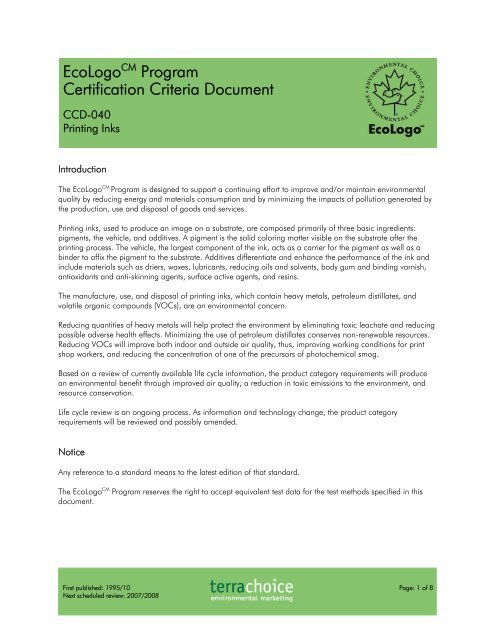 Original Printing Inks Standard, CCD-040 - EcoLogo