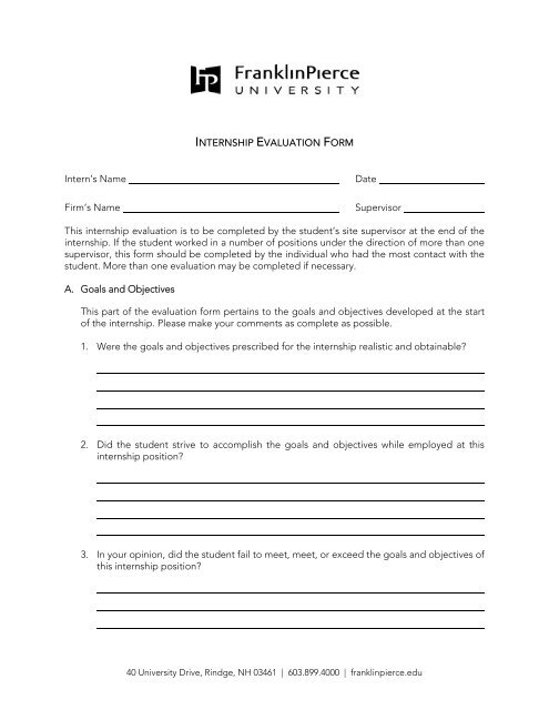 internship evaluation form - Franklin Pierce University