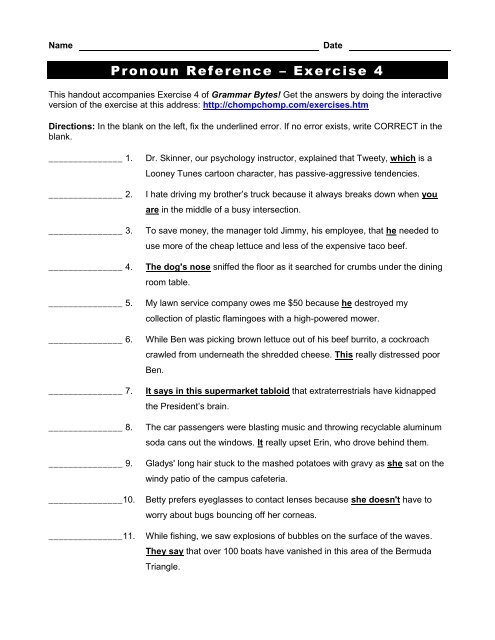 Pronoun Reference â Exercise 4 - Grammar Bytes!