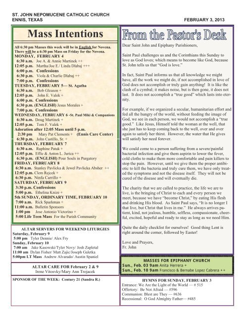 Mass Intentions - St. John Nepomucene Catholic Church, Ennis, TX