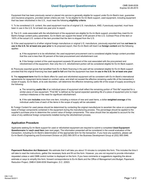 Used Equipment Questionnaire - Export-Import Bank of the United ...