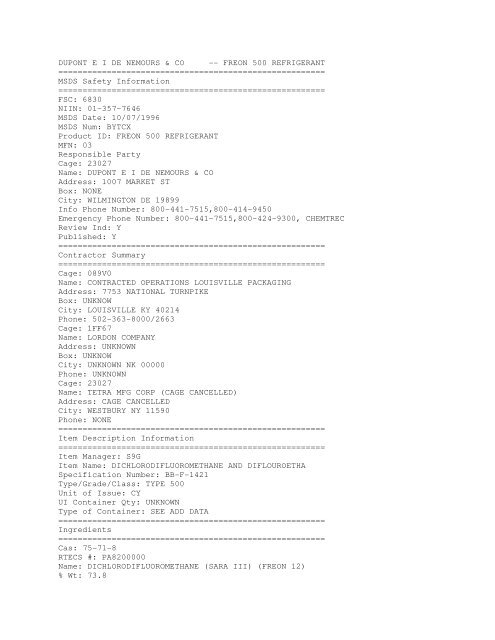 DUPONT E I DE NEMOURS & CO -- FREON 500 REFRIGERANT ...