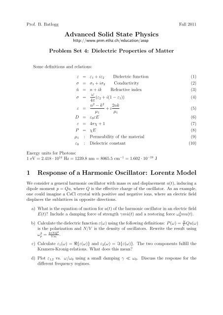 Advanced Solid State Physics 1 Response of a Harmonic Oscillator ...