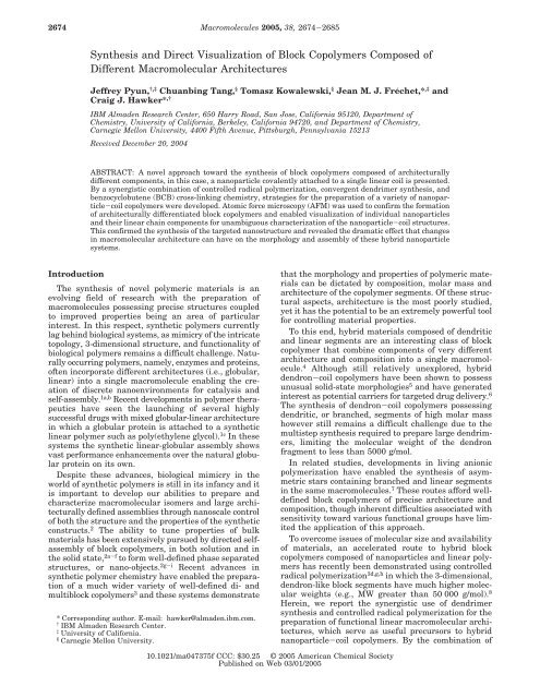 Synthesis And Direct Visualization Of Block Copolymers Composed