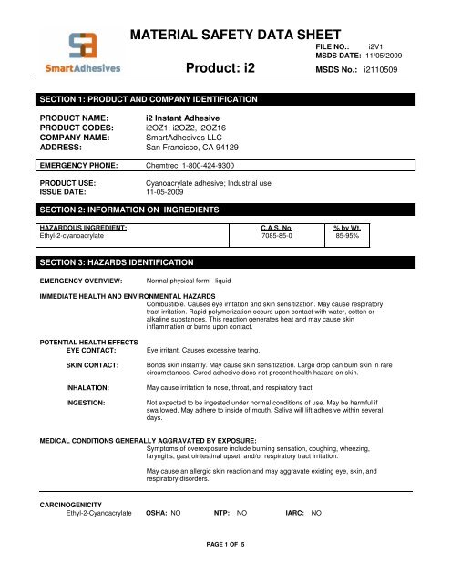 MATERIAL SAFETY DATA SHEET Product: i2 - Adhesive.com
