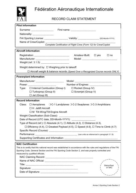 Annex 3 to Section 2 of the FAI Sporting Code: World Record Claim ...