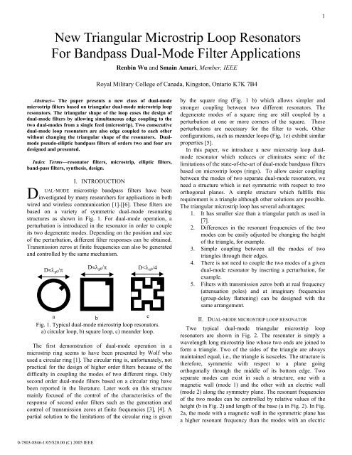 New Triangular Microstrip Loop Resonators For Bandpass Dual