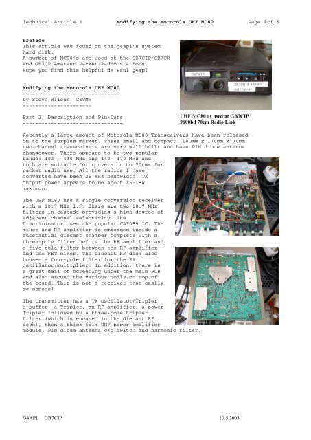 Technical Article 3 Modifying the Motorola UHF MC80 Page 1 of 9 ...