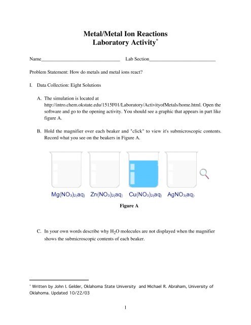 Metal/Metal Ion Reactions Laboratory Activity*