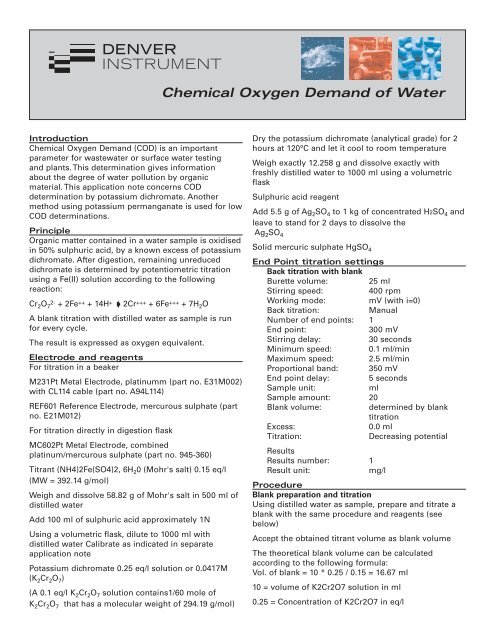 Chemical Oxygen Demand of Water - Denver Instrument