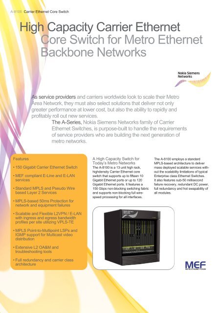 High Capacity Carrier Ethernet Core Switch for Metro Ethernet ...