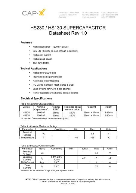 CAP-XX HS230 Datasheet v1 0.pdf