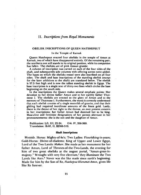 Karnak Obelisk Inscriptions of Hatshepsut