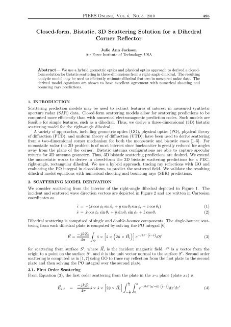 Closed-form, Bistatic, 3D Scattering Solution for a Dihedral ... - Piers