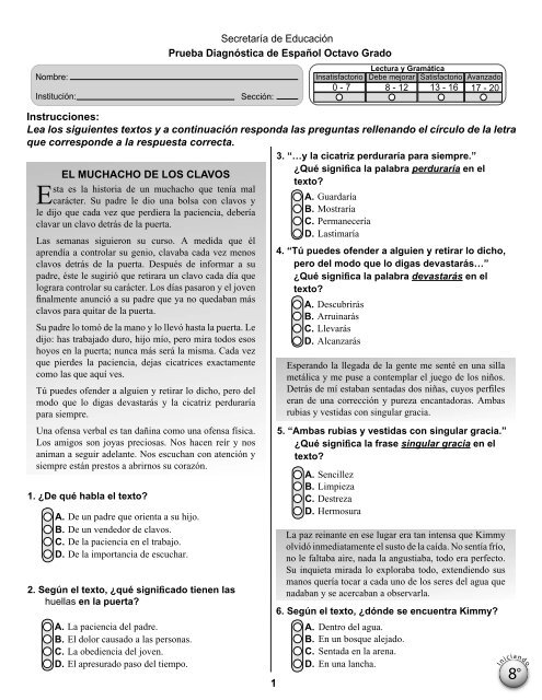 Prueba diagnóstica de Español - EQUIP123.net