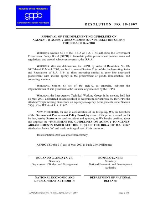 RESOLUTION NO. 18-2007 - GPPB