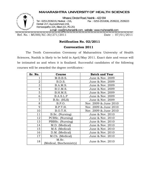 Convocation Notification - Maharashtra University of Health Sciences