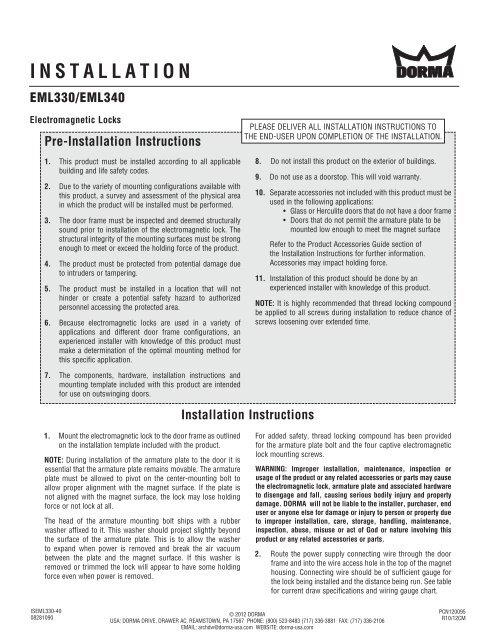 EML330 & EML340 Electromagnetic Lock Installation Instructions