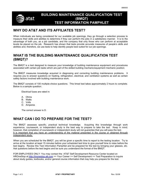 Building Maintenance Qualification Test - AT&T