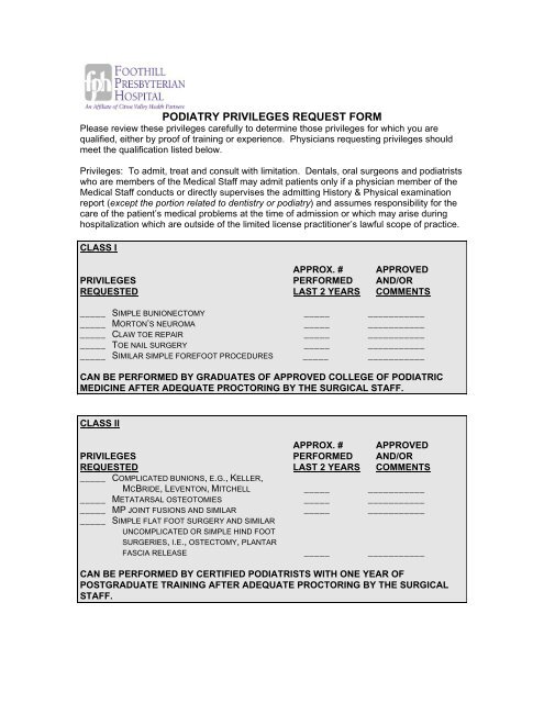 PODIATRY PRIVILEGES REQUEST FORM