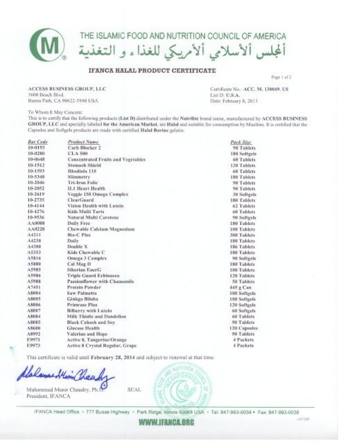 Halal Letter of Certification - Amway