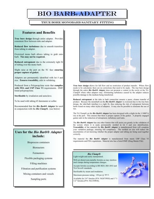 Bio-Pure Sanitary BioBarbs and Adapters - Tri-Canada