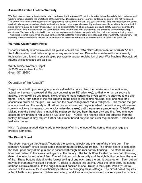 War Machine Assault 80 Manual - Paintball Gun Manuals
