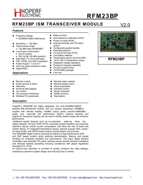 Click here to view RFM23BP datasheet - HOPE Microelectronics