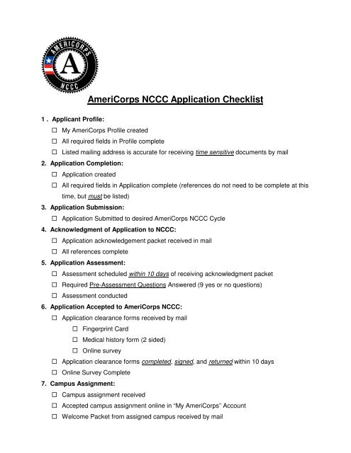 AmeriCorps NCCC Application Checklist