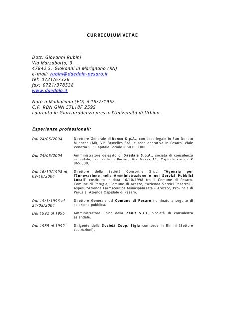 CURRICULUM VITAE Dott. Giovanni Rubini Via Marzabotto, 3 ...