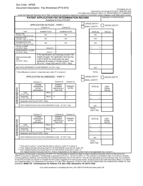 PATENT APPLICATION FEE DETERMINATION RECORD
