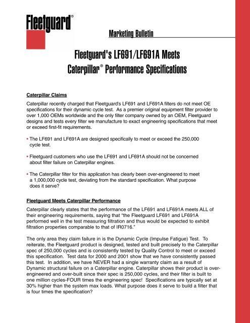 Fleetguard's LF691/LF691A Meets Caterpillar Performance ...