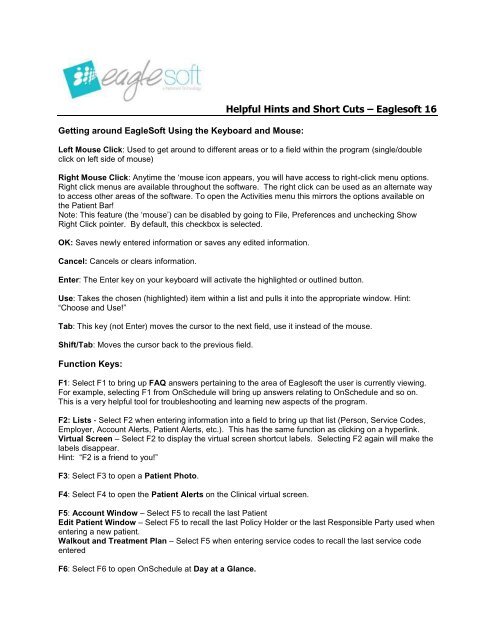 EagleSoft Helpful Hints and Short Cuts - FAQ