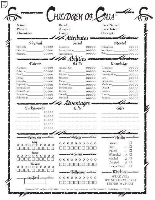 The Apocalypse Children of Gaia - RPG Sheets