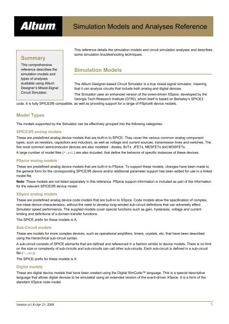 Simulation Models and Analyses Reference - Altium