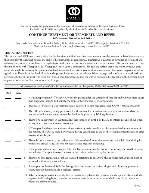 CONTINUE TREATMENT OR TERMINATE AND REFER? - CAMFT
