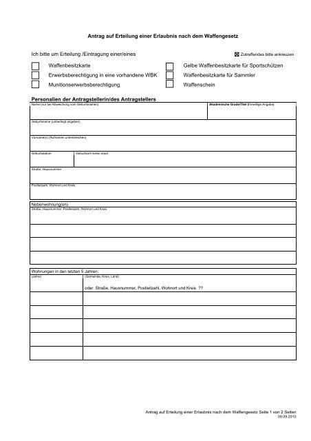 Antrag auf Erteilung einer Erlaubnis nach dem Waffengesetz