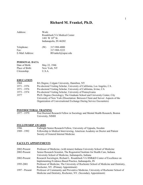 Rich Frankel's CV - Psychology @ IUPUI