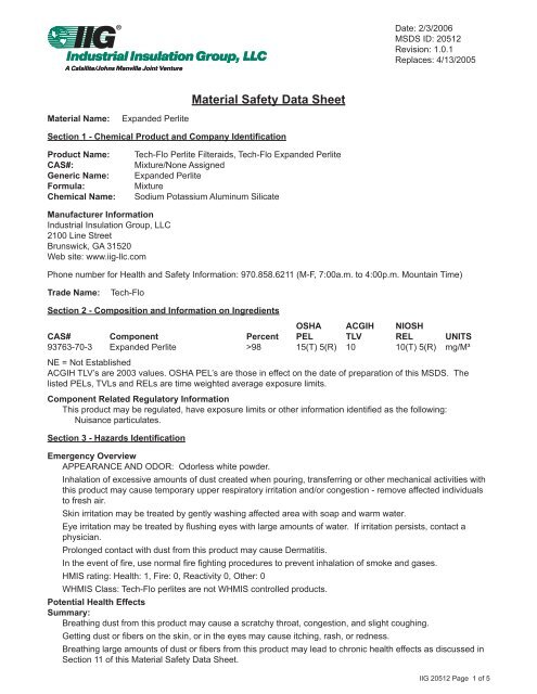 Material Safety Data Sheet - Industrial Insulation Group, LLC