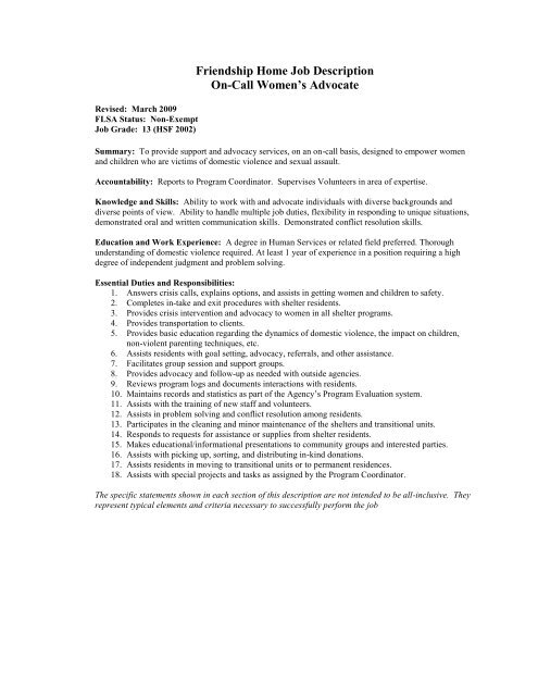 Friendship Home Job Description