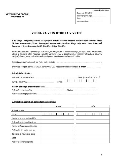 Vloga za vpis otroka v vrtec (101 kB ) - Mestna obÄ ina Novo mesto