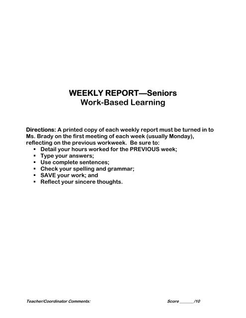 WEEKLY REPORT—Seniors Work-Based Learning