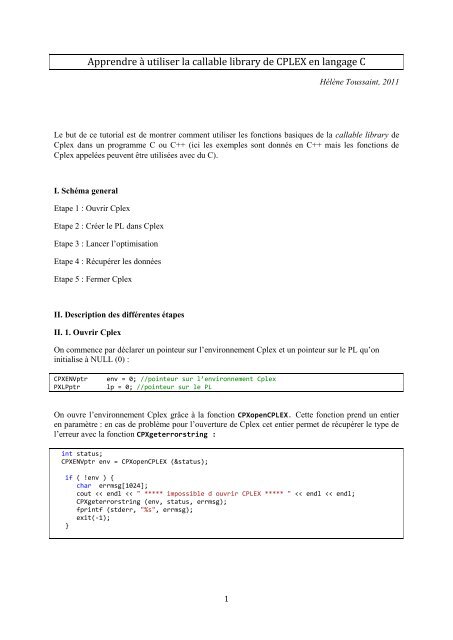 Apprendre Ã utiliser la callable library de CPLEX en langage C - ISIMA