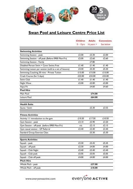 Swan Pool and Leisure Centre Price List - Everyone Active