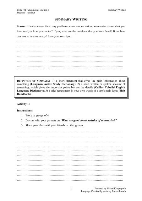 Summary Writing Template