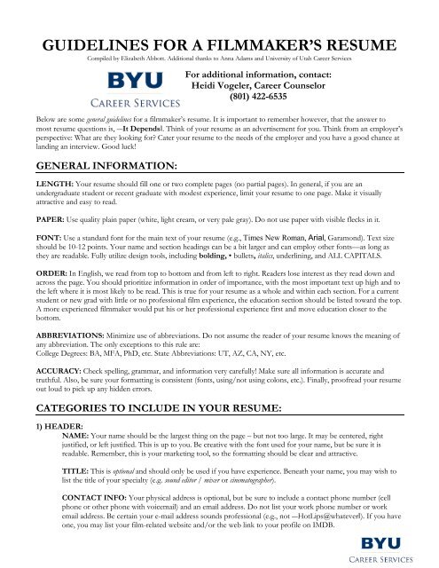 Guidelines for a Filmmaker's Resume - University Career Services